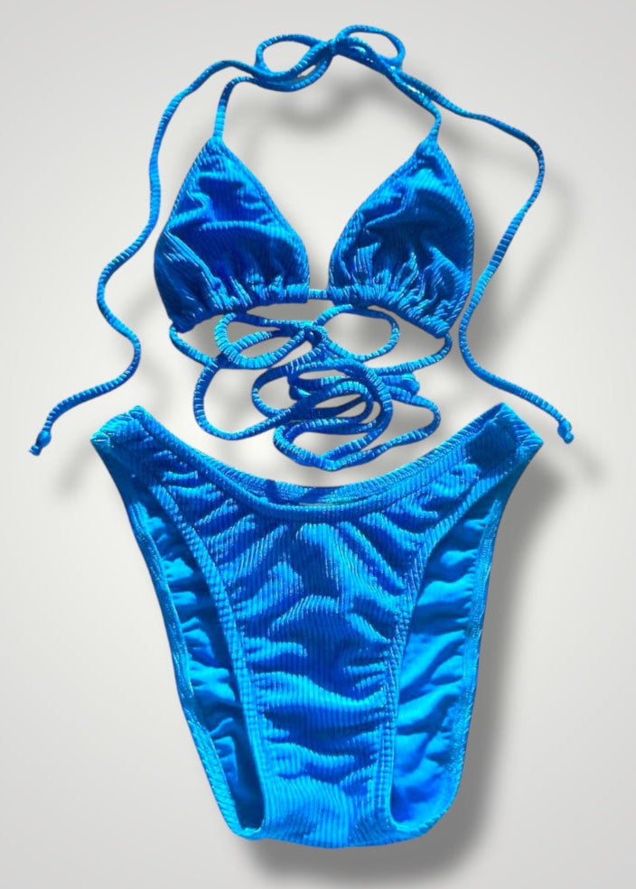90's Capri Blue Rib Slide Triangle Cheeky Swimsuit Set | Denali Brand